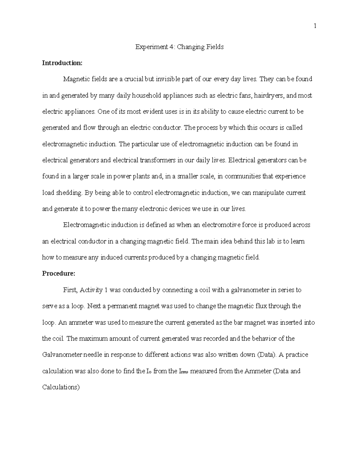 Lab Report 4 - Changing Fields Lab Report - Experiment 4: Changing Fields Introduction: Magnetic ...