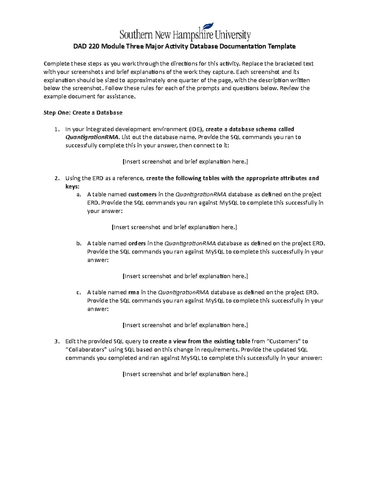 DAD 220 Module Three Major Activity Database Documentation Template ...