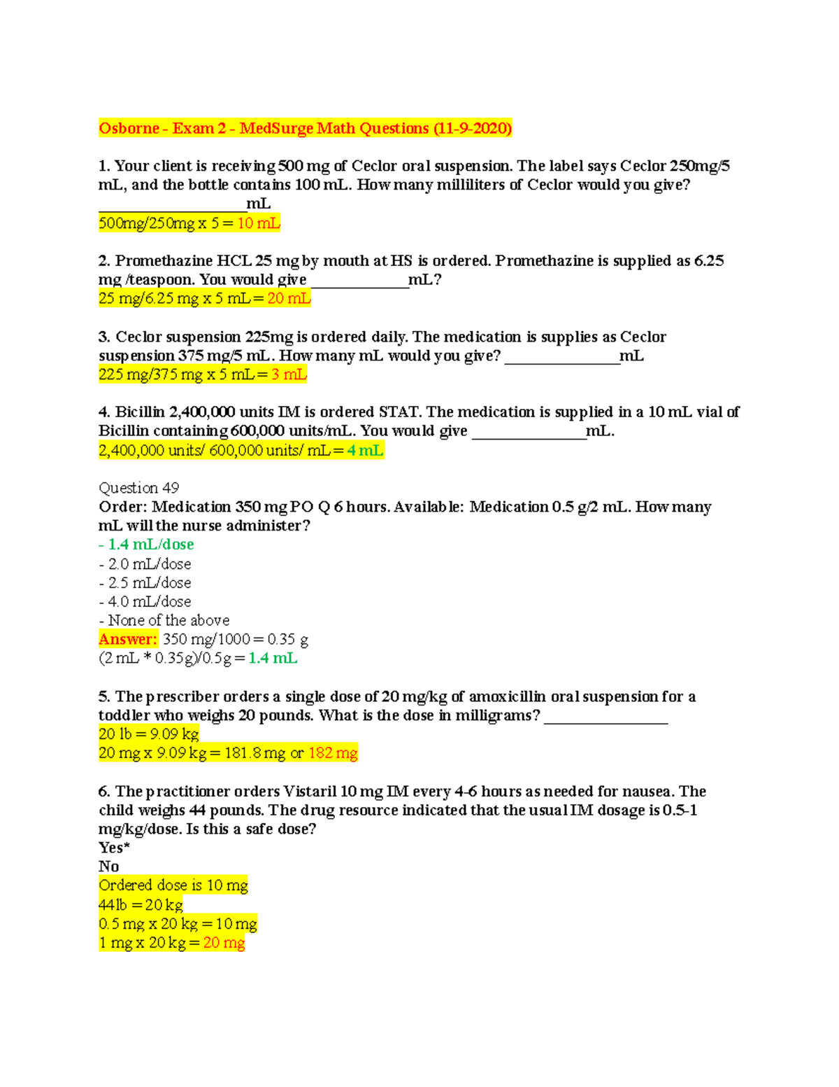 MS I Past Exam 2 - exam QUESTIONS - Osborne - Exam 2 - MedSurge Math ...