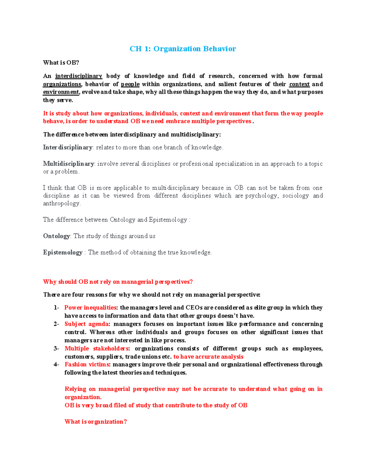 Ob1 - CH 1: Organization Behavior What is OB? An interdisciplinary body ...