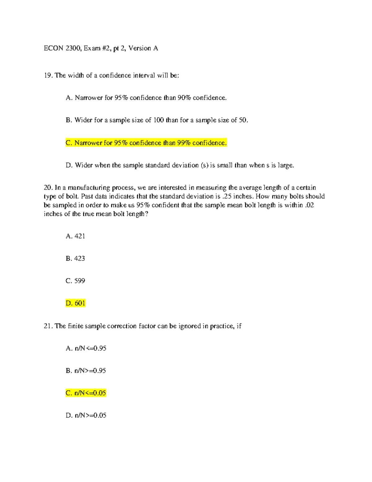 ECON 2300, Exam #2, pt 2, Version A - ECON 2300, Exam #2, pt 2, Version ...