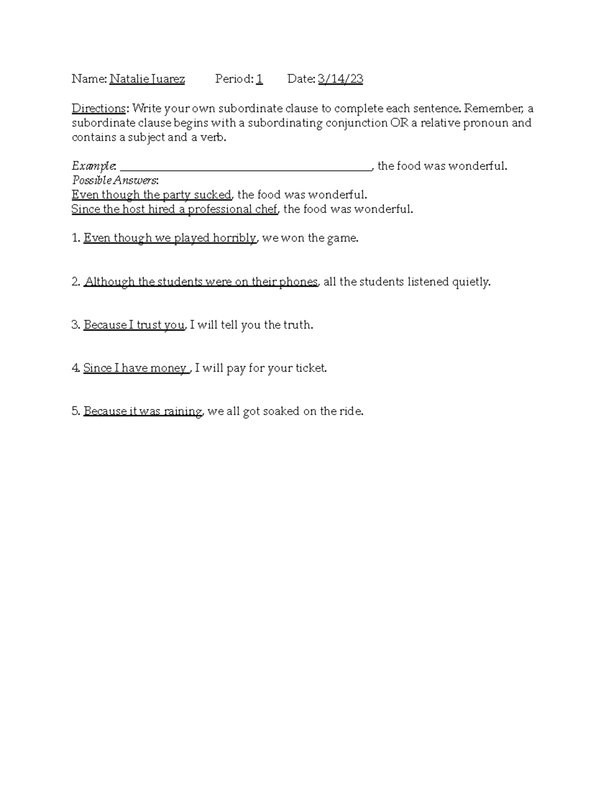 Natalie Juarez - Grammar Do Now #4 - Lesson 7 Clauses - Name: Natalie ...