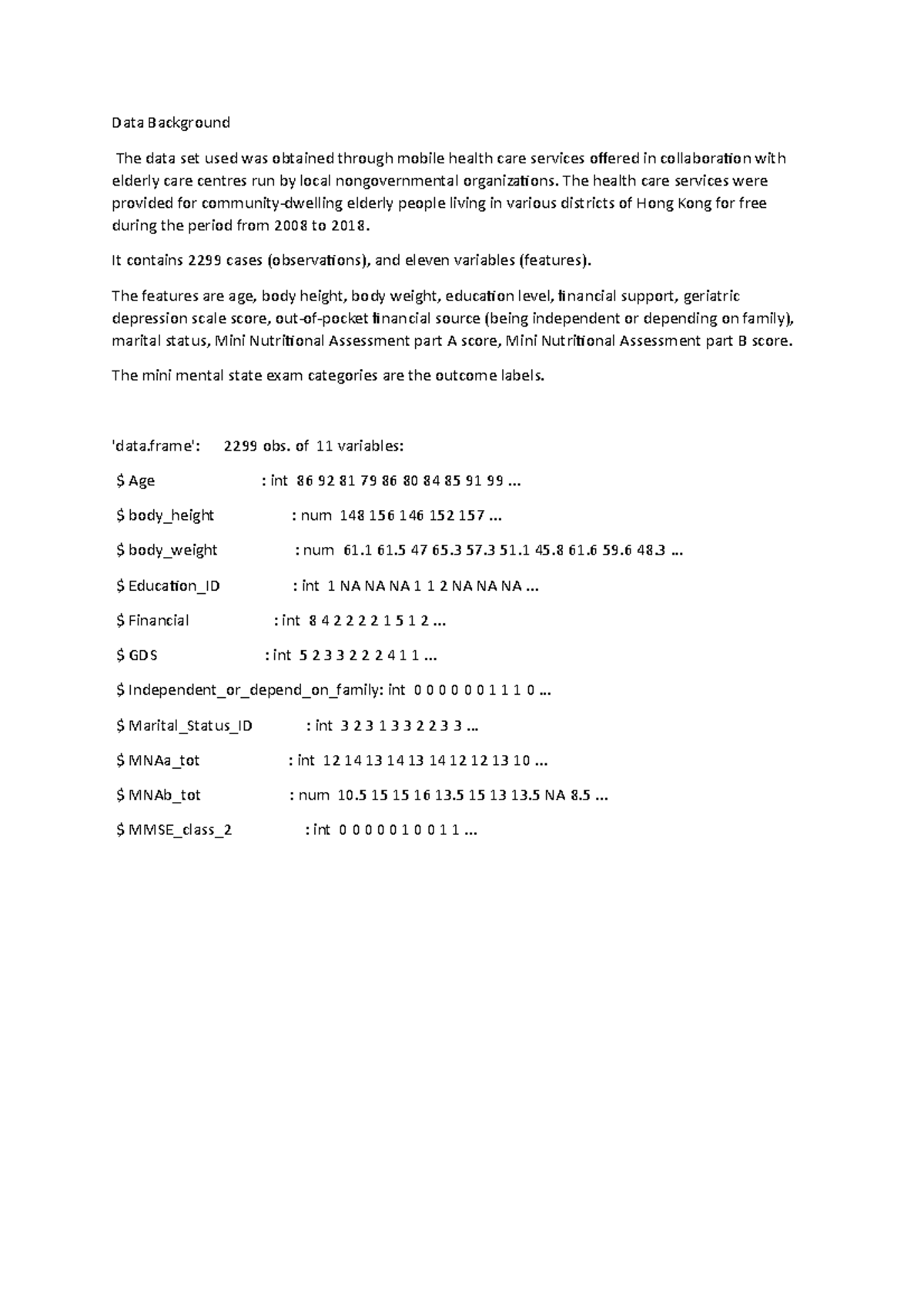 Data Background - Data science application - Data Background The data set used was obtained ...