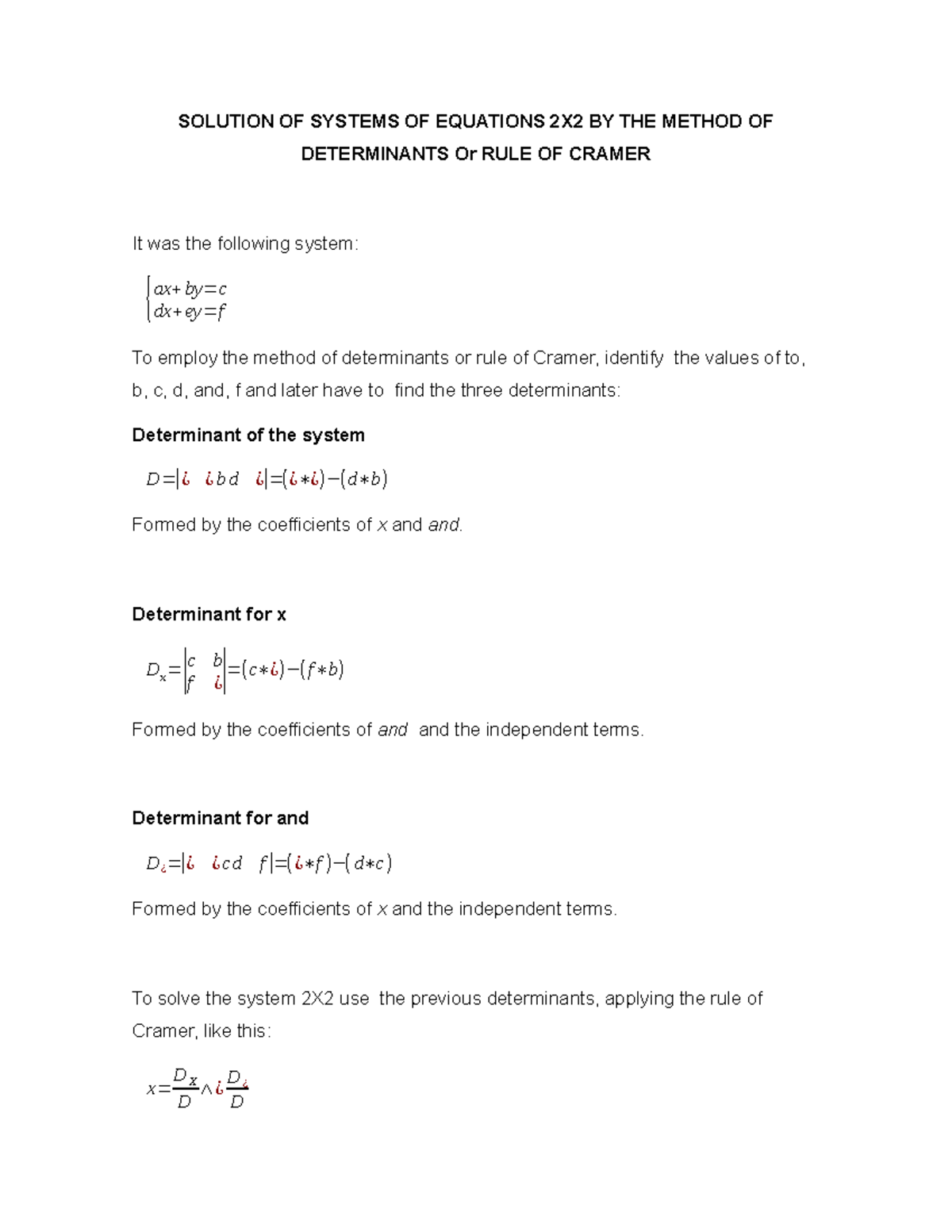 Solution OF Systems OF Equations 2X2 BY THE Method OF Determinants Or ...