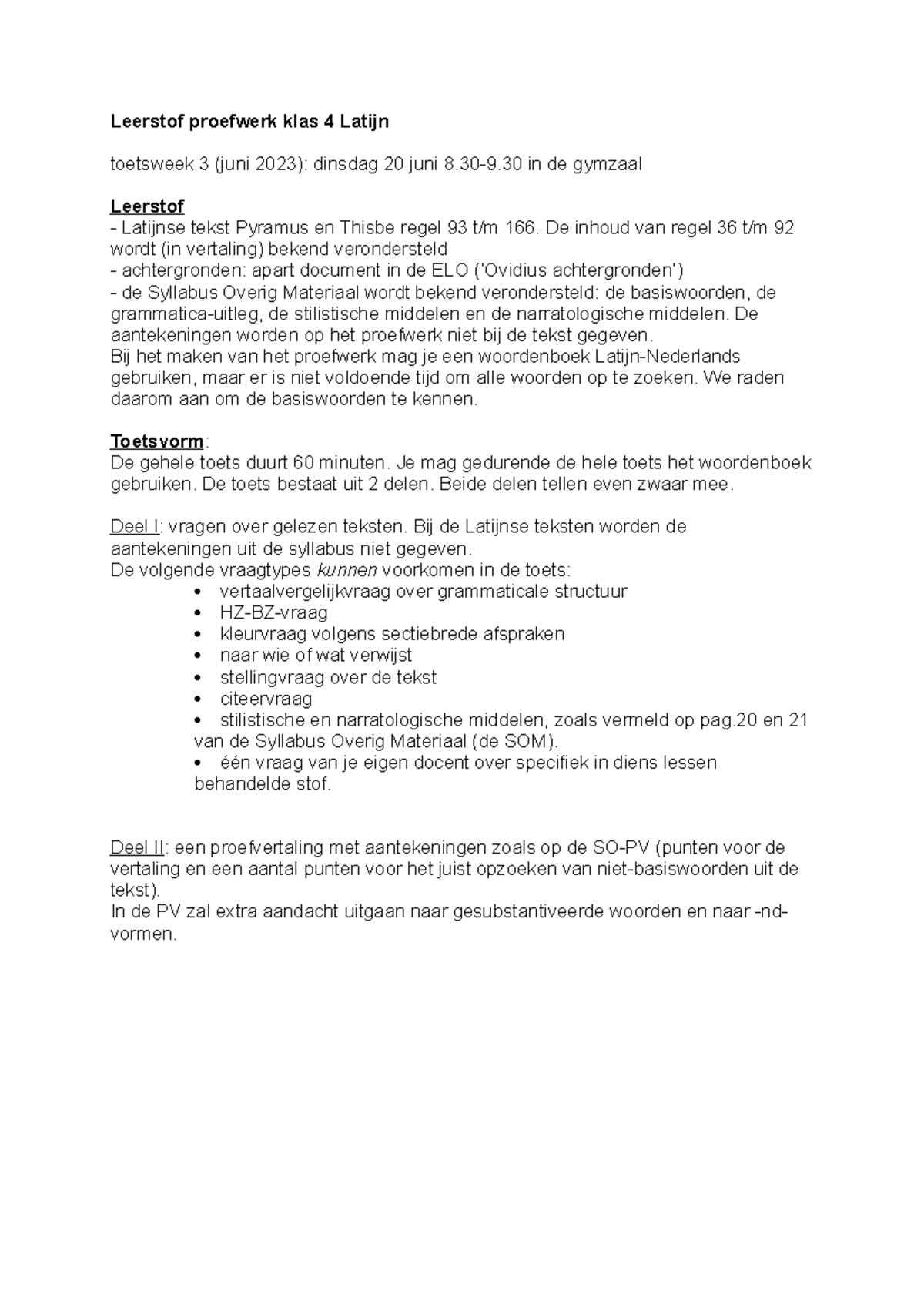 22-23 4La P3 Toetsstof - mmmm - Leerstof proefwerk klas 4 Latijn toetsweek 3 (juni 2023 ...