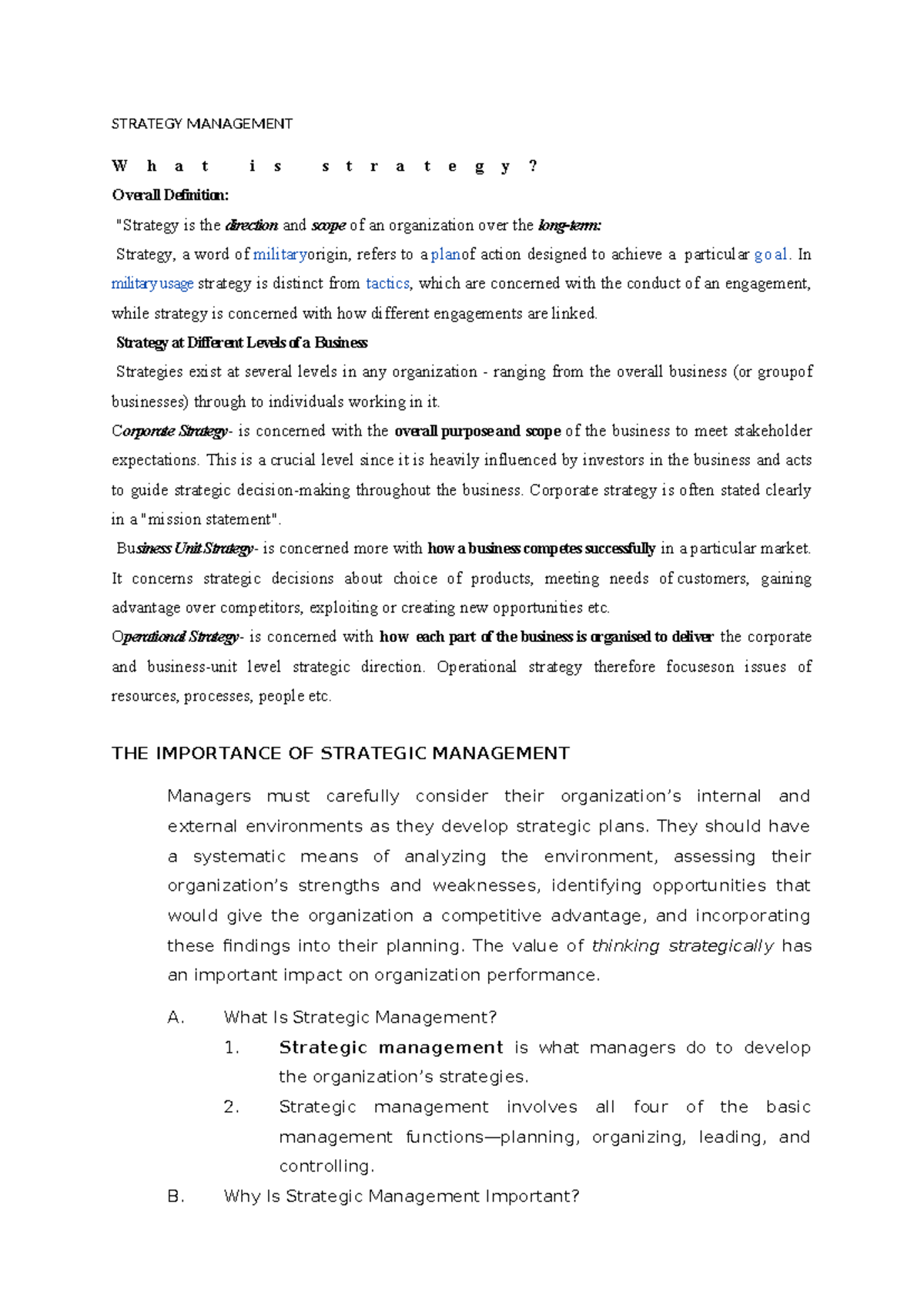 Unit-4 - NOTES - STRATEGY MANAGEMENT W h a t i s s t r a t e g y ...