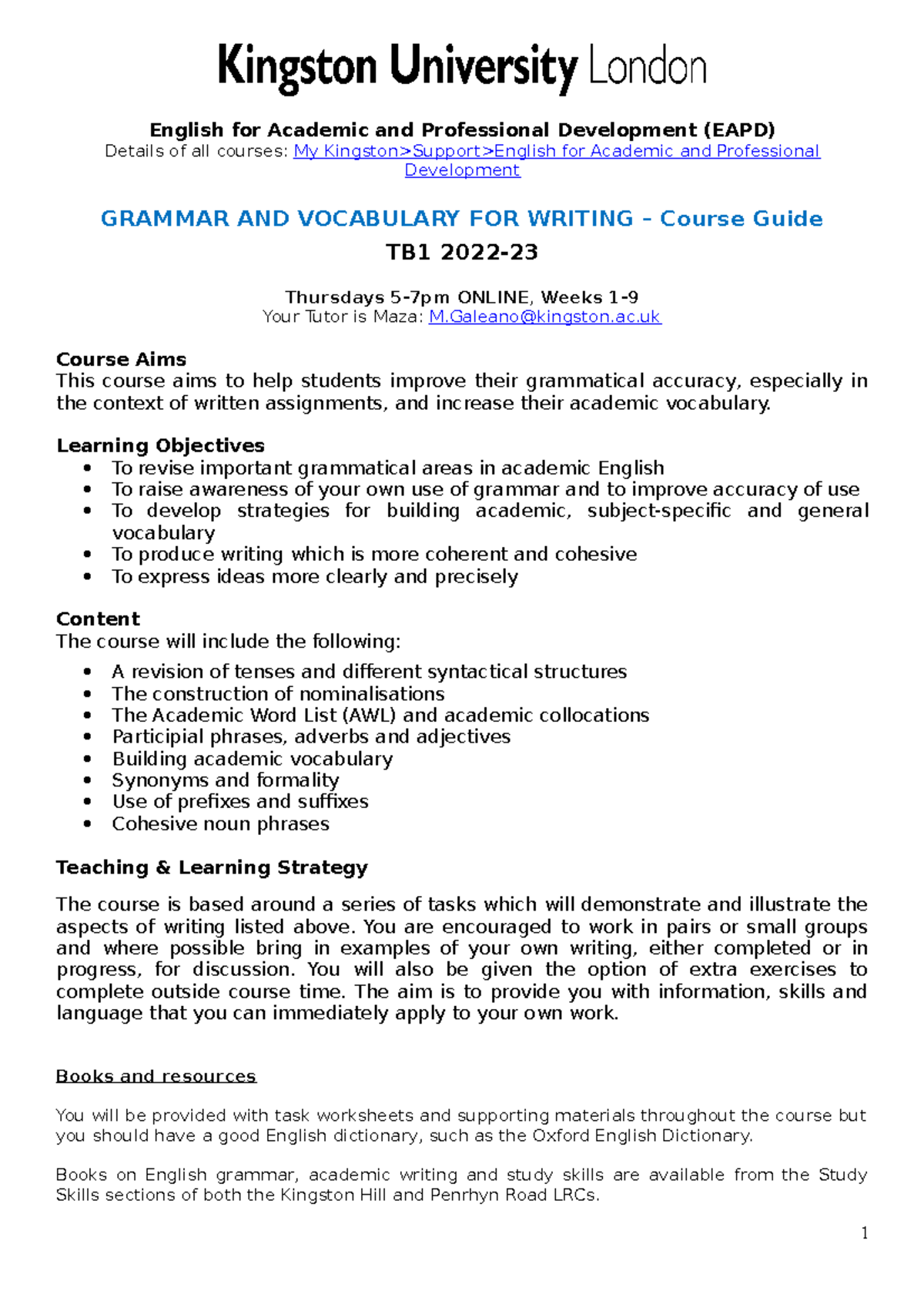 Grammar AND Vocabulary Course Guide TB1 22 23 - English for Academic ...