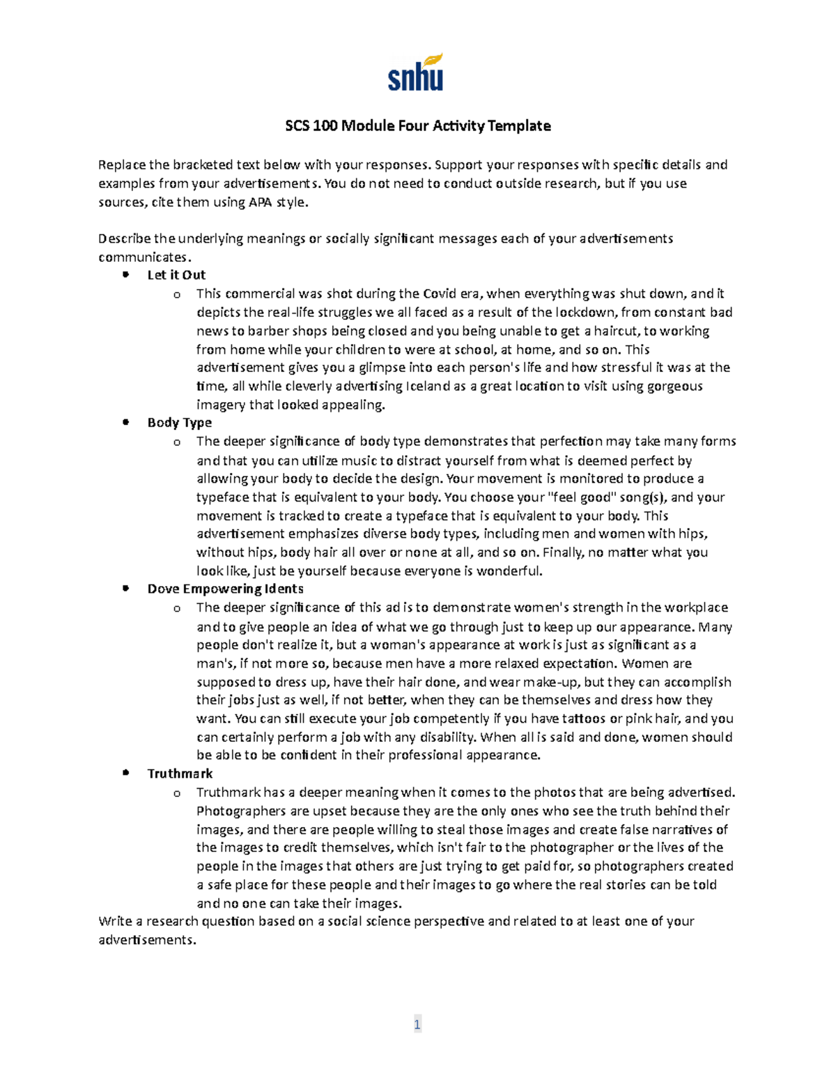 SCS 100 Module Four Activity Template - SCS 100 Module Four Activity Template Replace the ...
