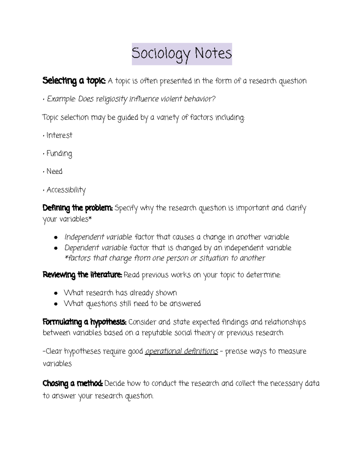 SOC Notes Research-2 - elle rickman - Sociology Notes Selecting a topic ...