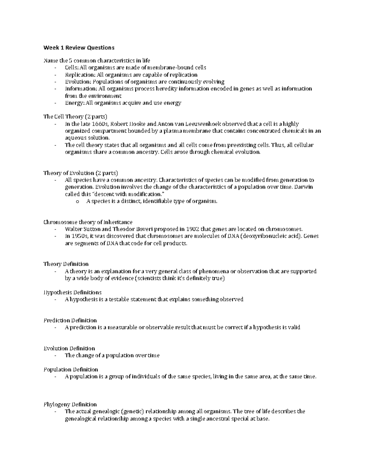 Bio 170 Midterm 1 Review Answers - Week 1 Review Questions Name the 5 ...
