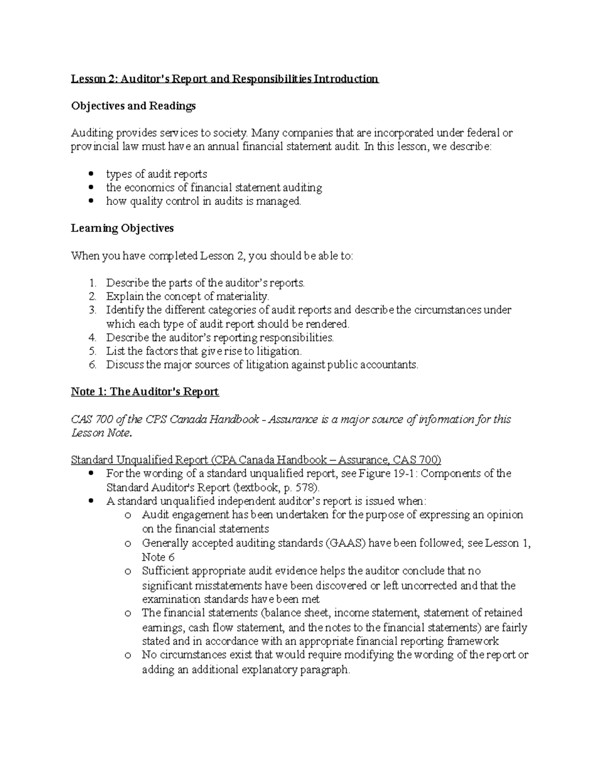 Lesson 2 - Auditor's Report and Responsibilities Introduction - Lesson ...