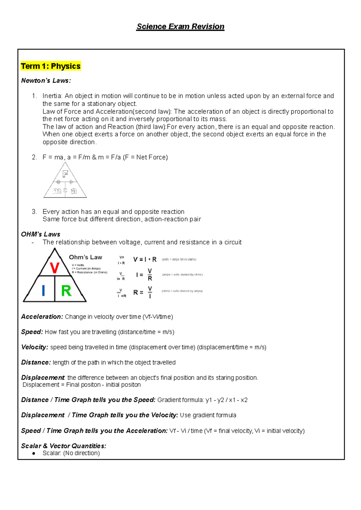 Year 10 Science Yearly Exam Notes - Term 1: Physics Newton’s Laws: 1 ...