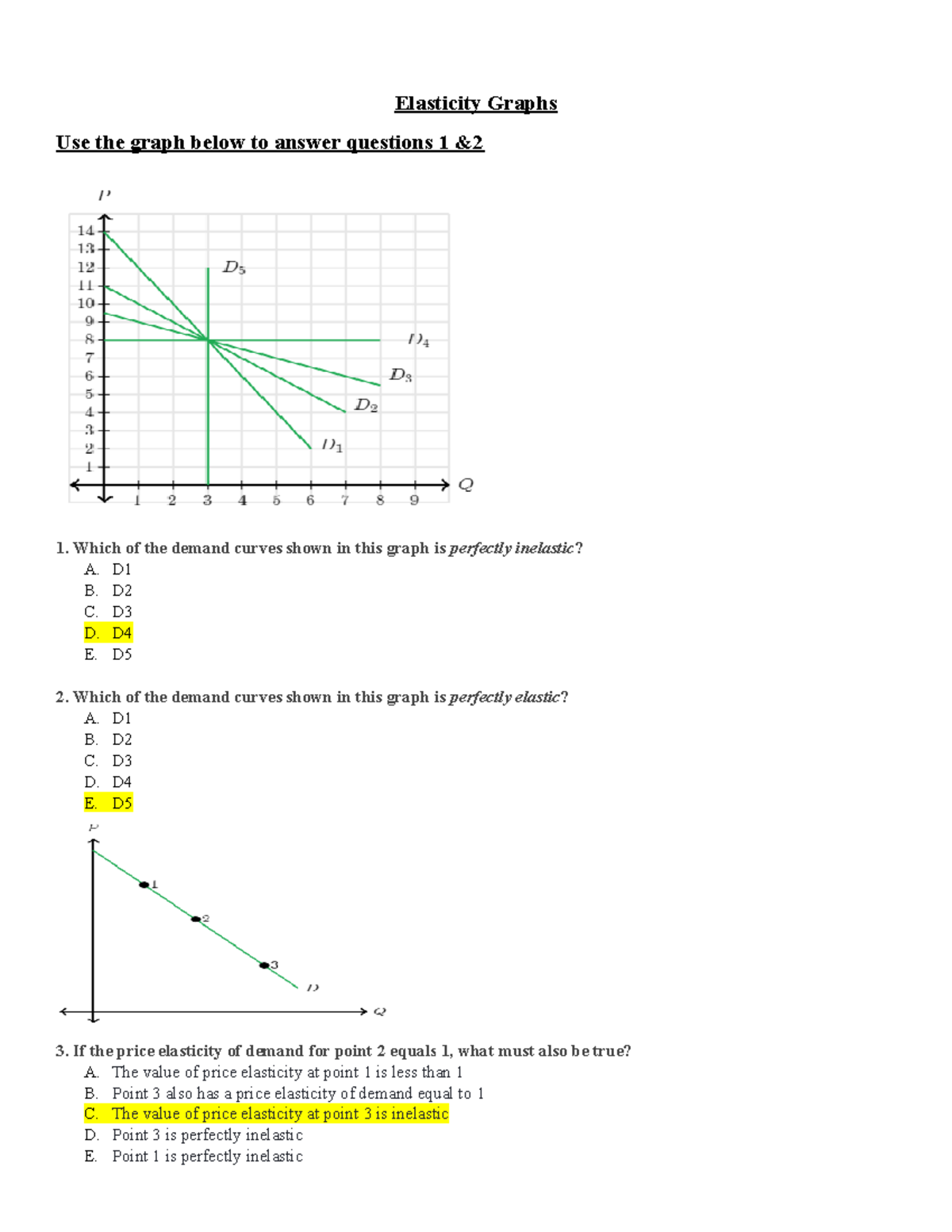 Elasticity practice with answers - Elasticity Graphs Use the graph below to answer questions 1 ...