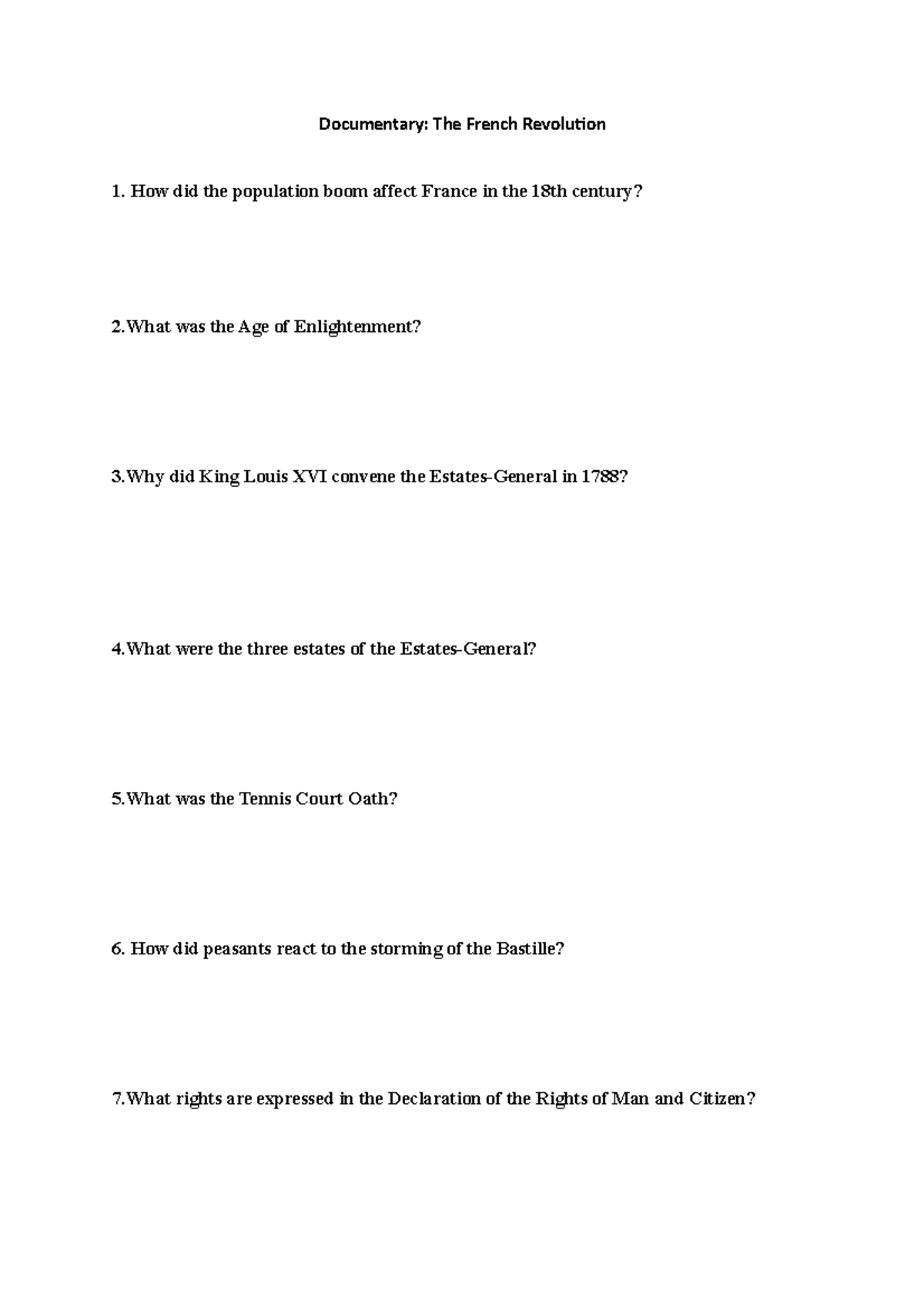 3. French Revolution Documentary Worksheet - Documentary: The French ...