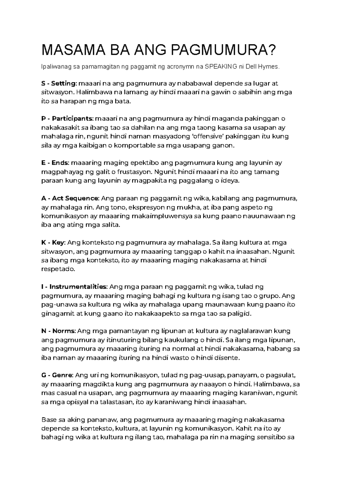 Kompan - Speaking - MASAMA BA ANG PAGMUMURA? Ipaliwanag sa pamamagitan ...