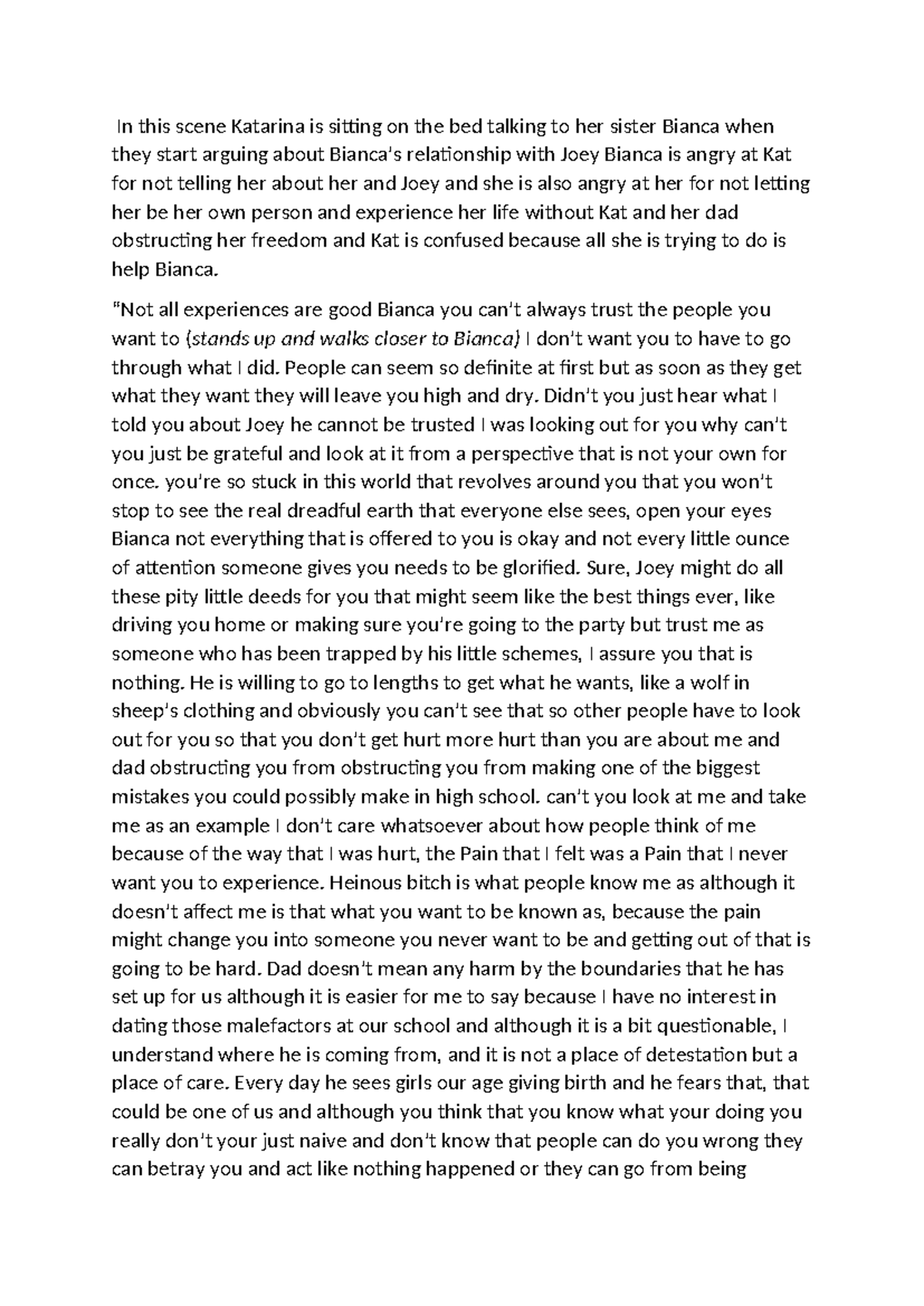 mean girls monologue - In this scene Katarina is sitting on the bed ...