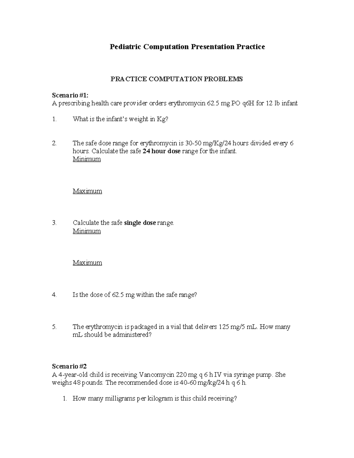 Practice Pediatric Computation Work Sheet PPT Companion - Pediatric ...