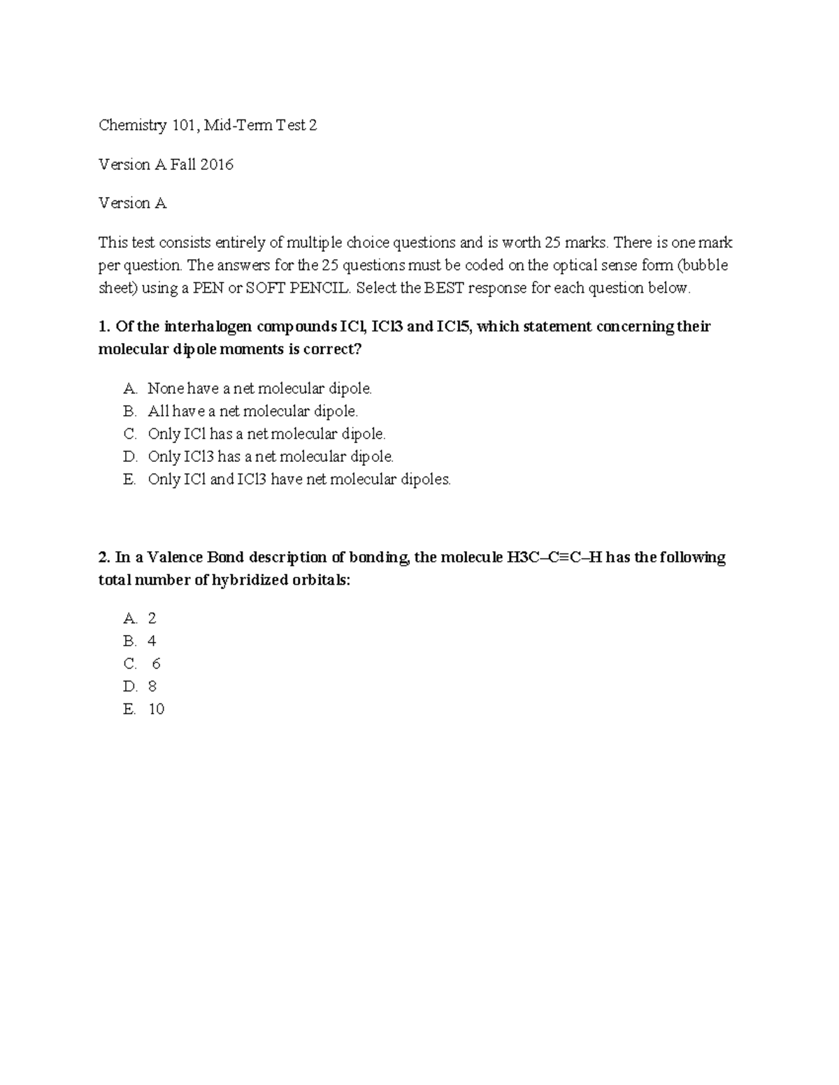 midterm 2, 2016 - Chemistry 101, Mid-Term Test 2 Version A Fall 2016 ...