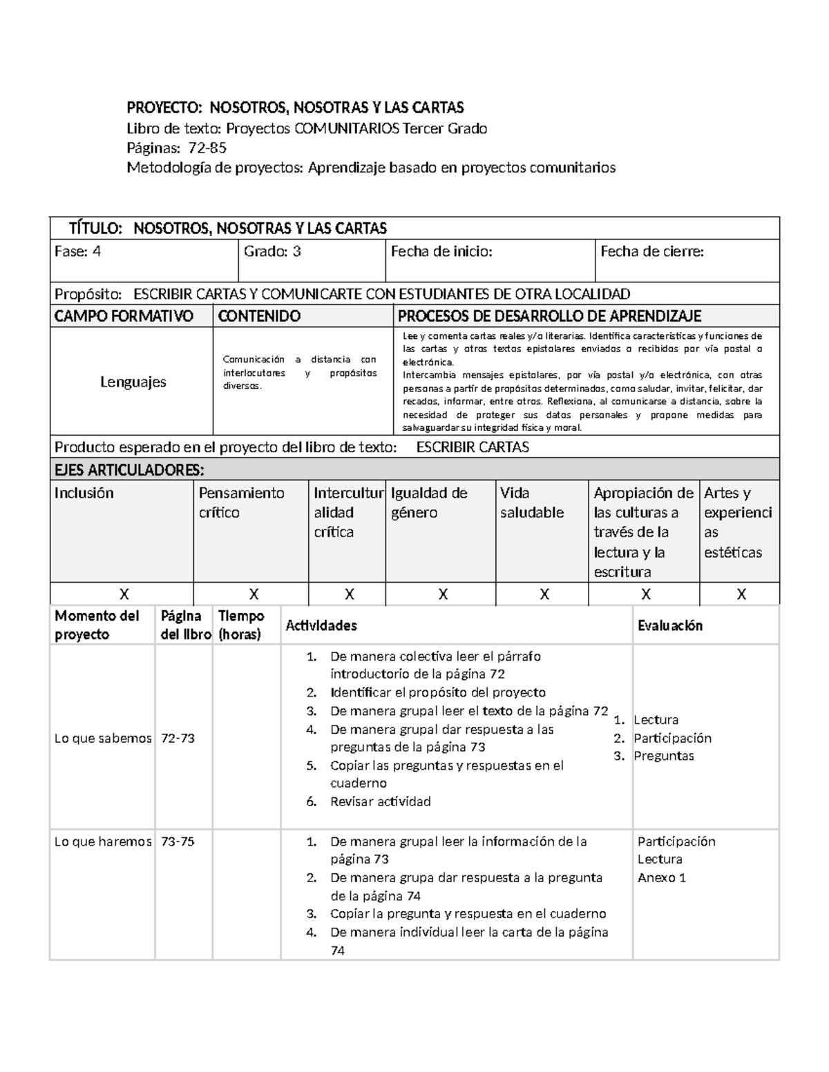 1. Lenguajes Nosotros, Nosotras Y LAS Cartas - PROYECTO: NOSOTROS ...