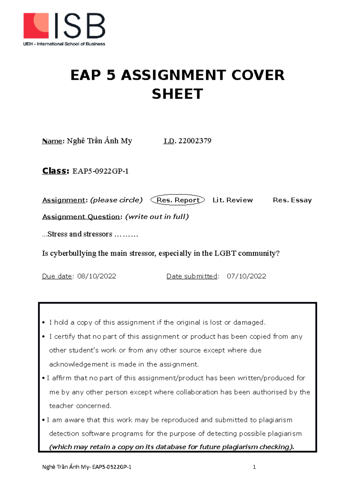 EAP5-0922GP-1 Nghê Trần Ánh My Research Report - EAP 5 ASSIGNMENT COVER SHEET Name: Nghê Trần ...