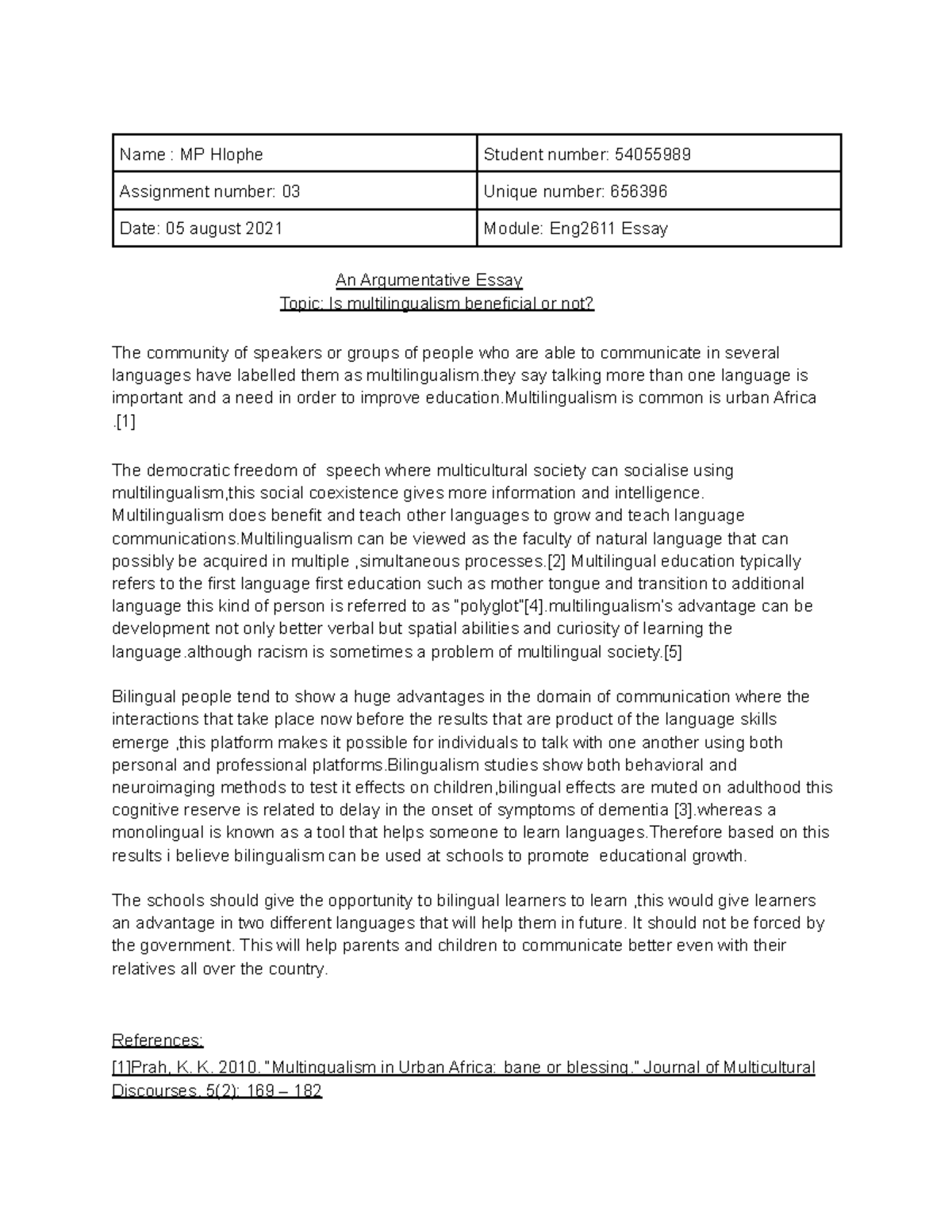 English assignment 3 ENG2611 - Name : MP Hlophe Student number ...