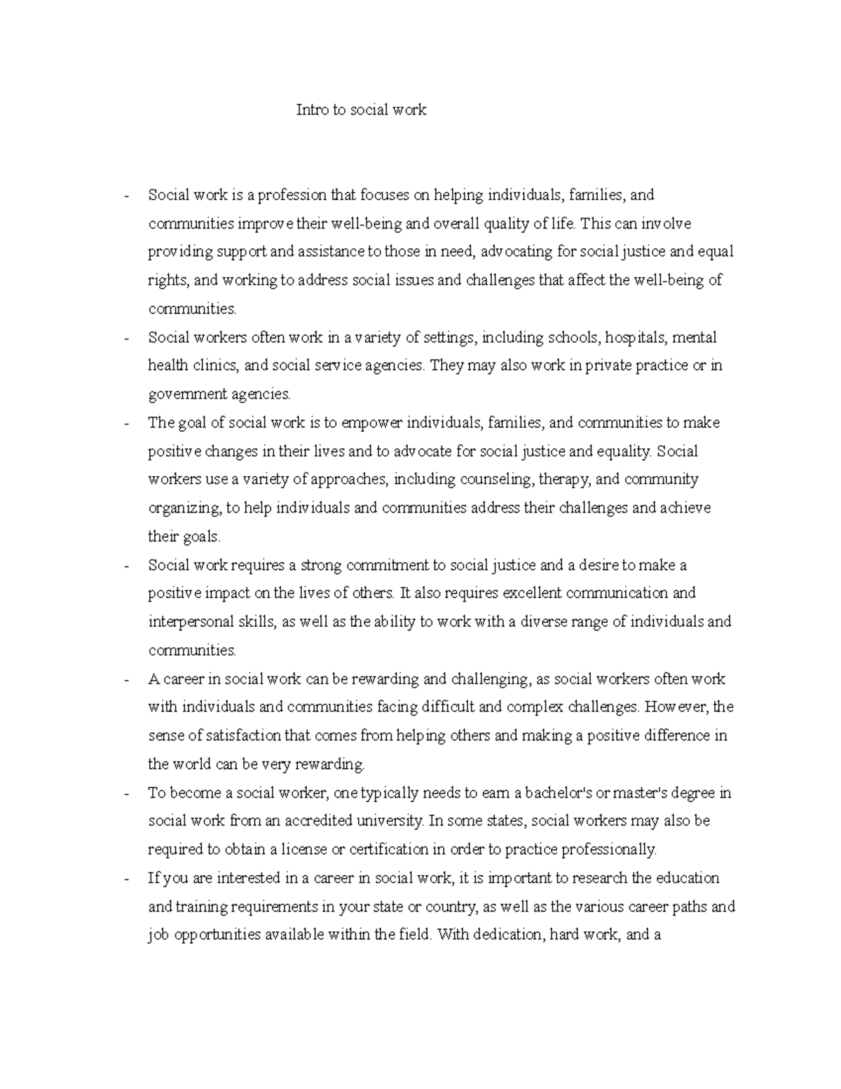 Intro to social work - Intro to social work Social work is a profession ...