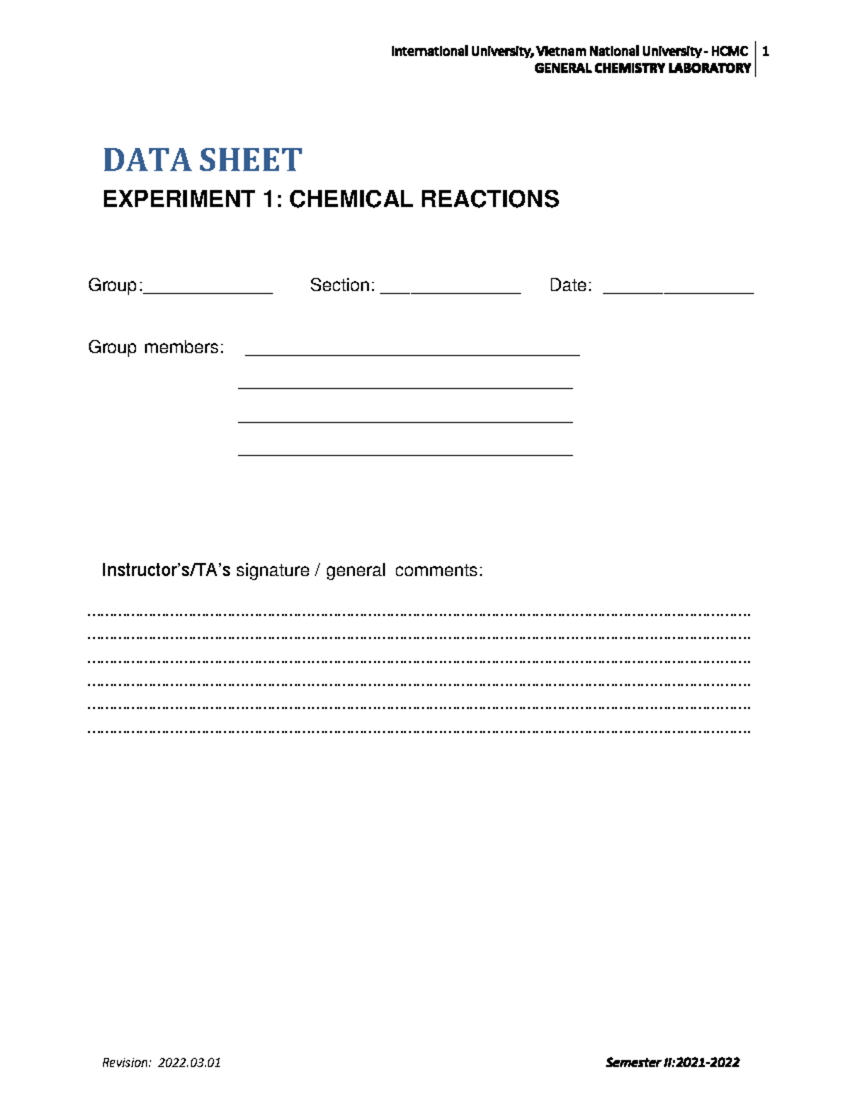 Data Sheet Expt. 1-Chemical Reactions (3 - DATA SHEET EXPERIMENT 1 ...