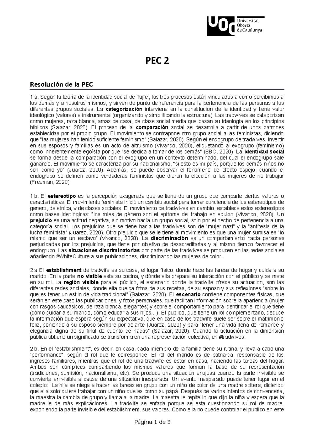 PEX2final - PEC 2 - PEC 2 Resolución de la PEC Según la teoría de la identidad social de Tajfel ...