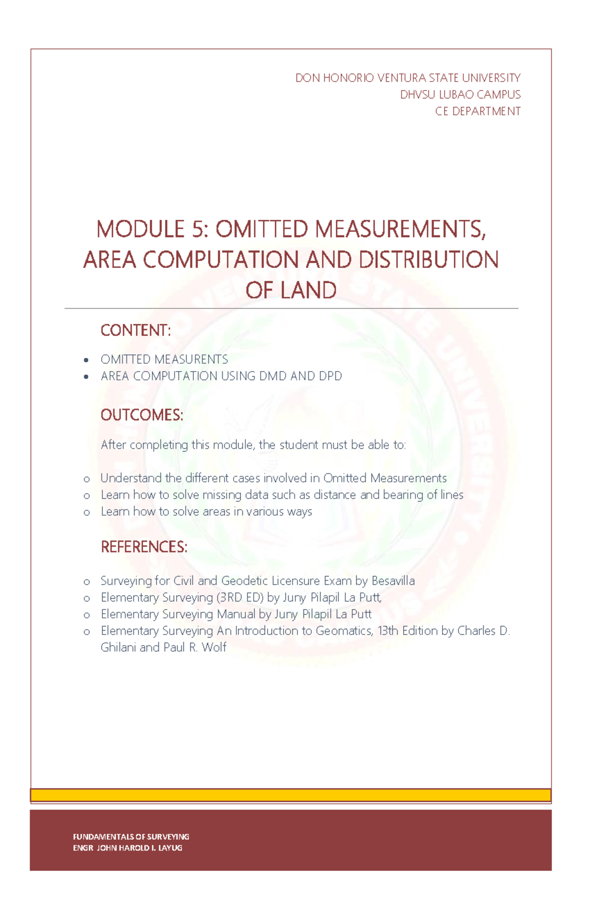 Surveying-Module-5 - FUNDASURV - MODULE 5: OMITTED MEASUREMENTS, AREA ...
