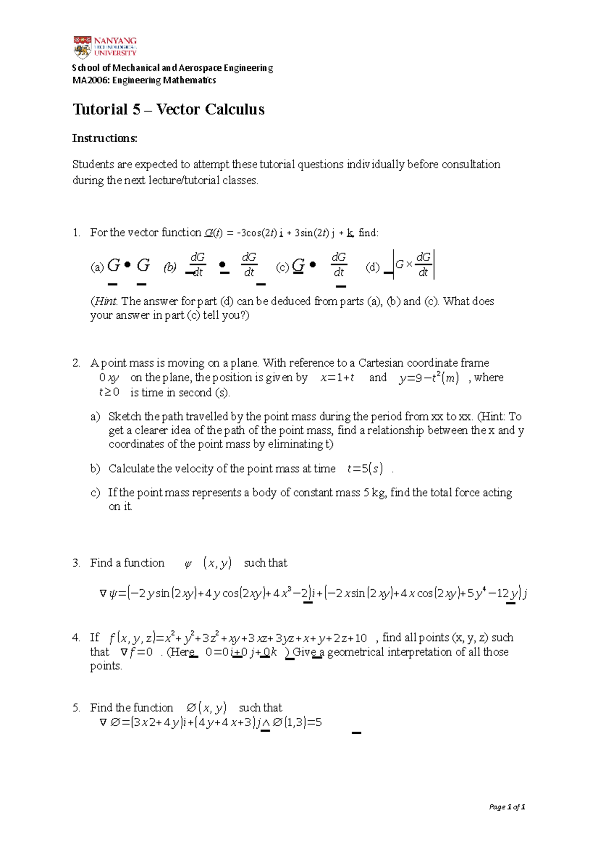 MA2006 Tutorial 5 Vector Calculus V1 - School of Mechanical and ...