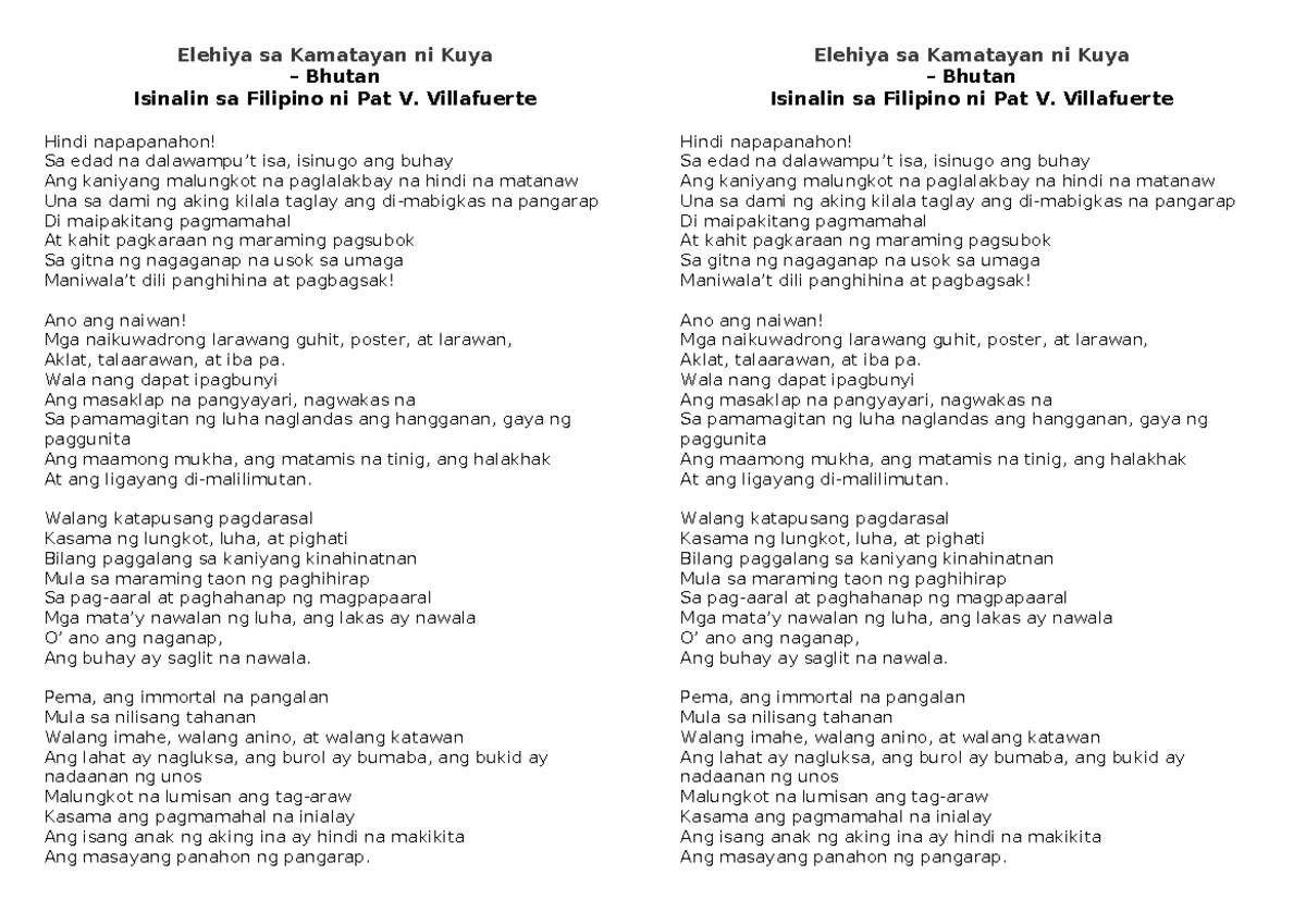 Elehiya sa Kamatayan ni Kuya - Villafuerte Hindi napapanahon! Sa edad ...