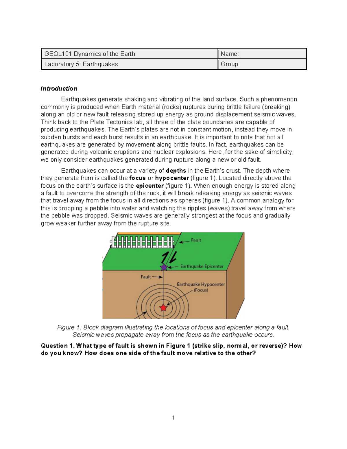 GEOL101 Lab 5 Earthquakes Handout - GEOL101 Dynamics of the Earth Name ...