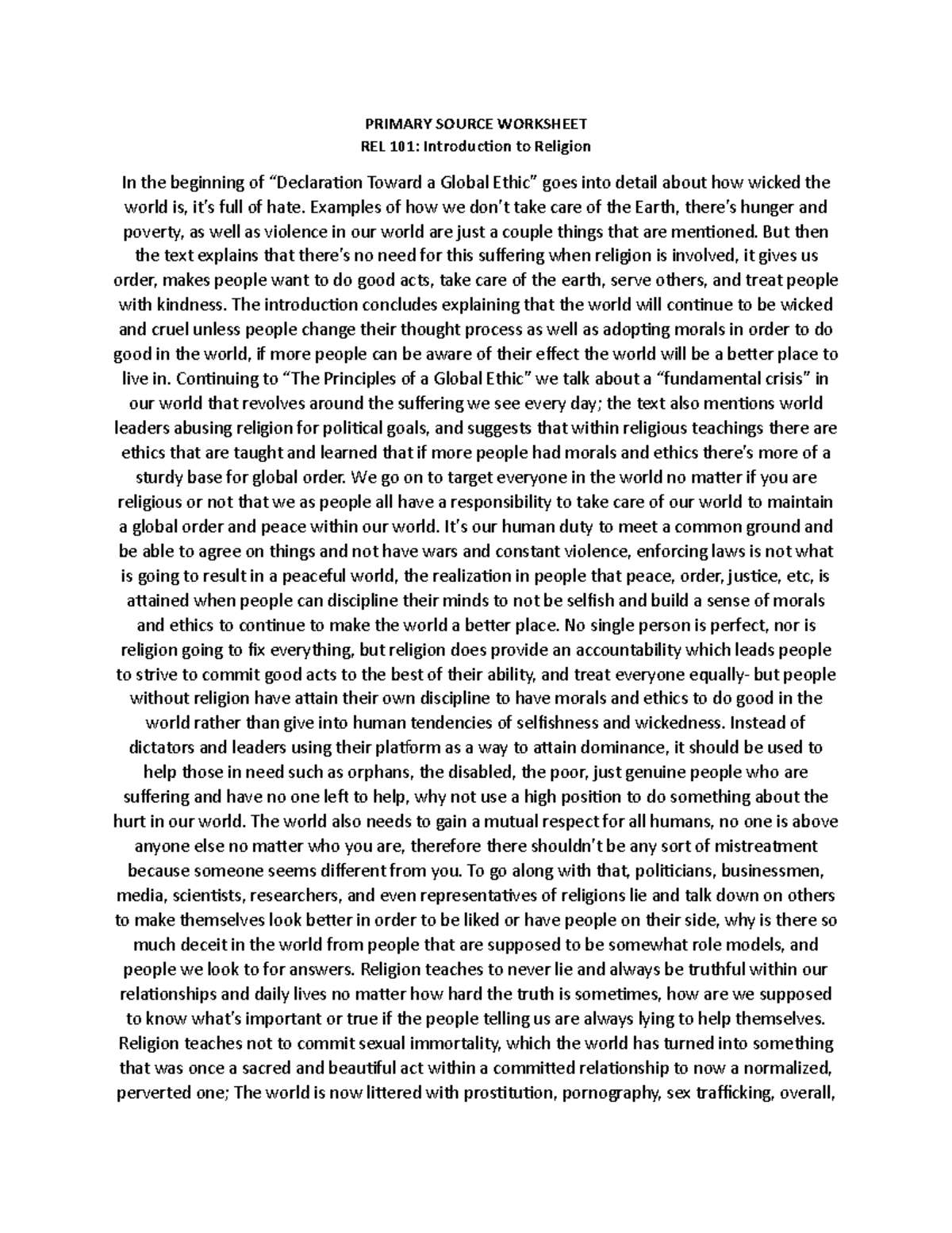 Primary Source Worksheet - PRIMARY SOURCE WORKSHEET REL 101 ...