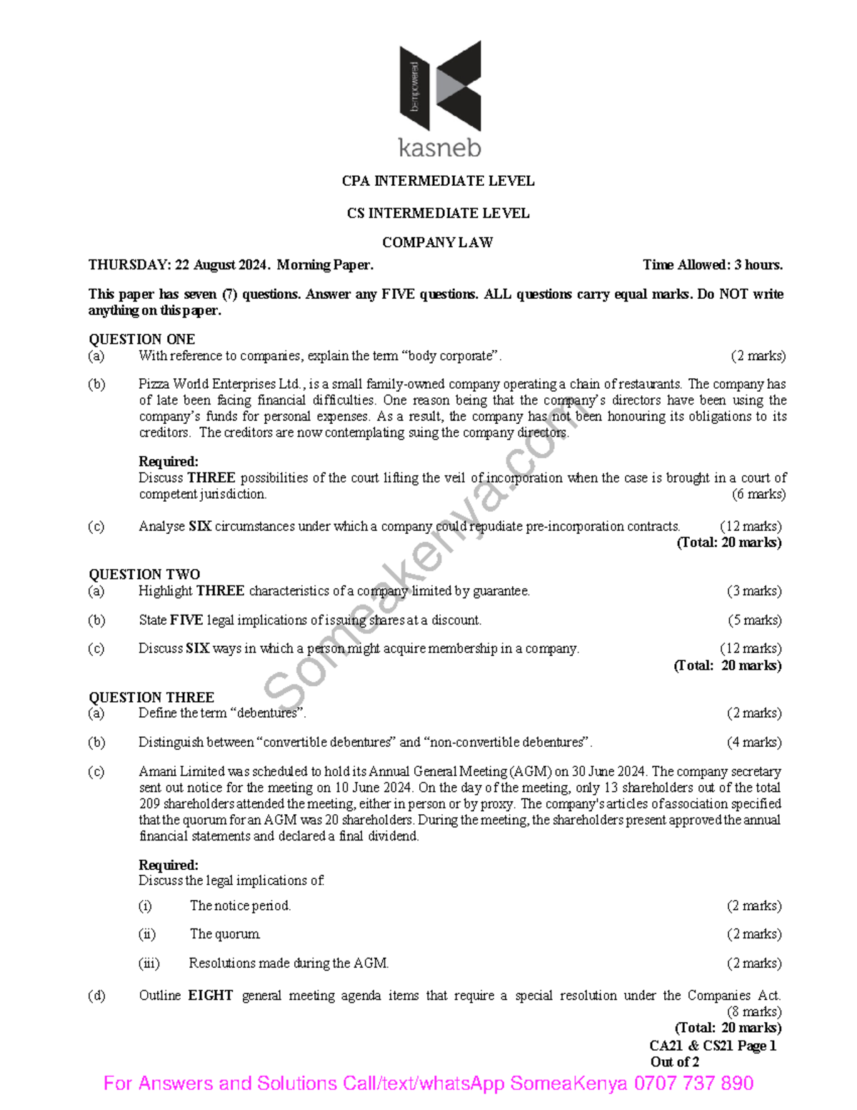 CL August 2024 - CPA PAST PAPER - Someakenya CA21 & CS21 Page 1 Out of ...