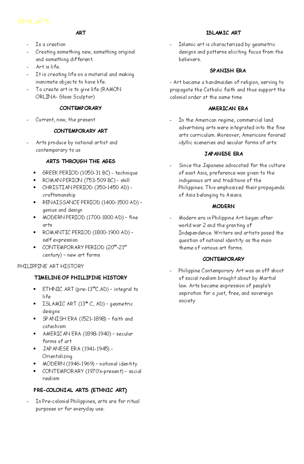 CPARppt 1,2 reviewer - cpar notes - |CPAR_ARTS ART Is a creation ...