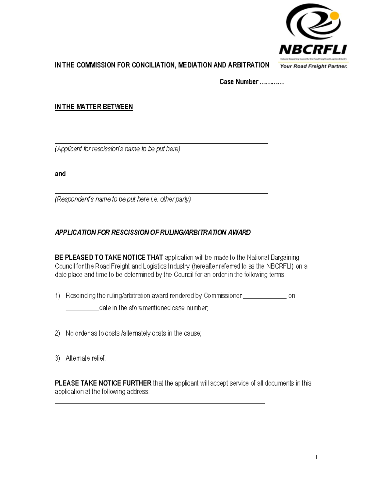Rescission application template with Popia - IN THE COMMISSION FOR ...
