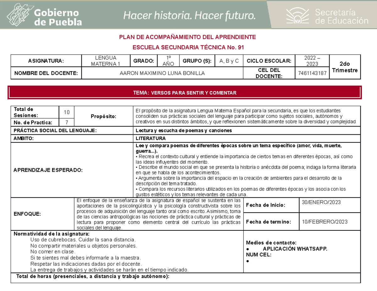 Planeaciones Español 1 30-ENE 10-MAR - PLAN DE ACOMPAÑAMIENTO DEL ...