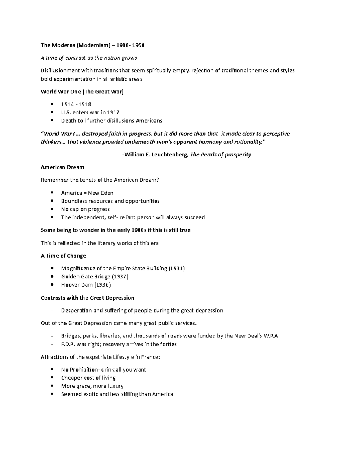 Modernism Notes - helps prepare for test - The Moderns (Modernism ...