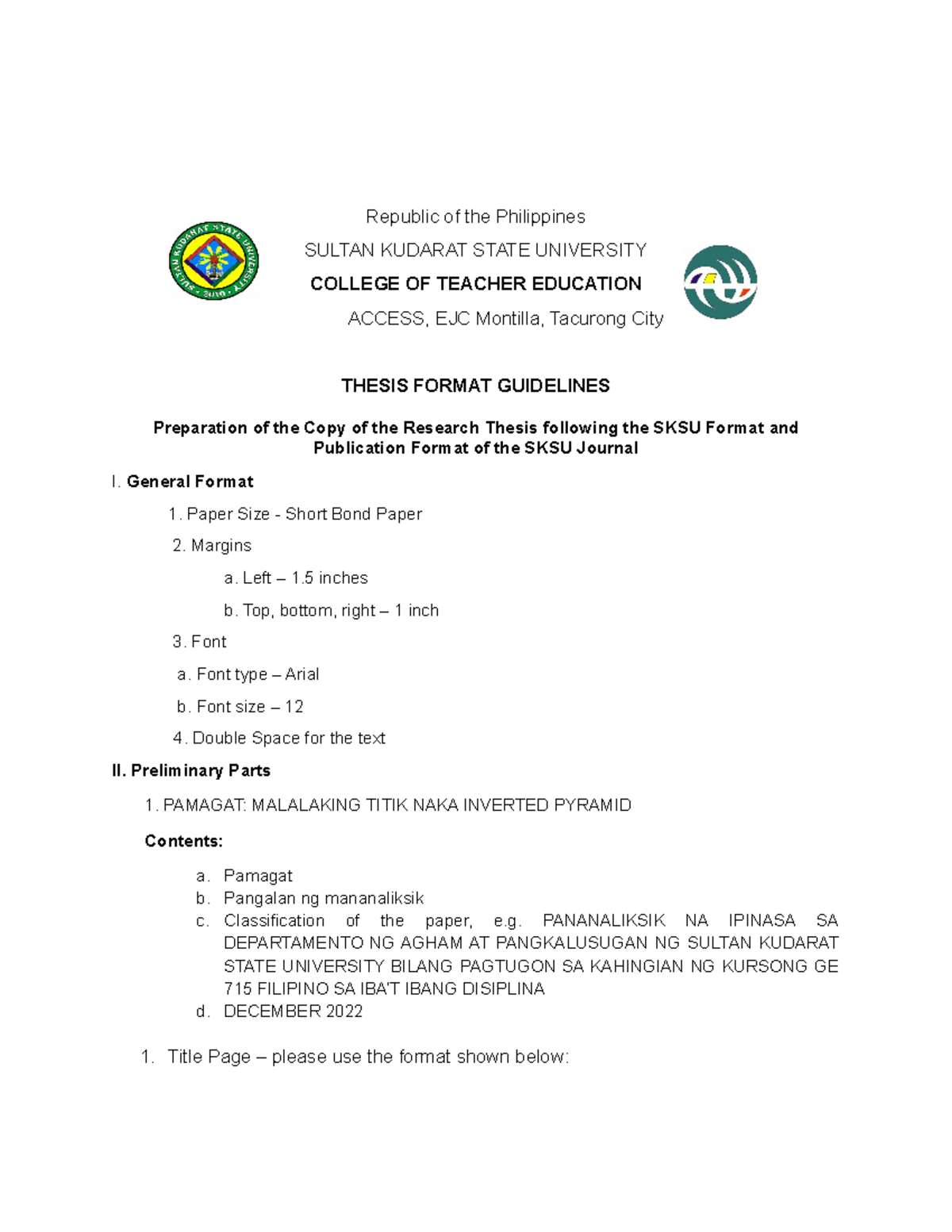 Outline- Fildis - Republic of the Philippines SULTAN KUDARAT STATE ...