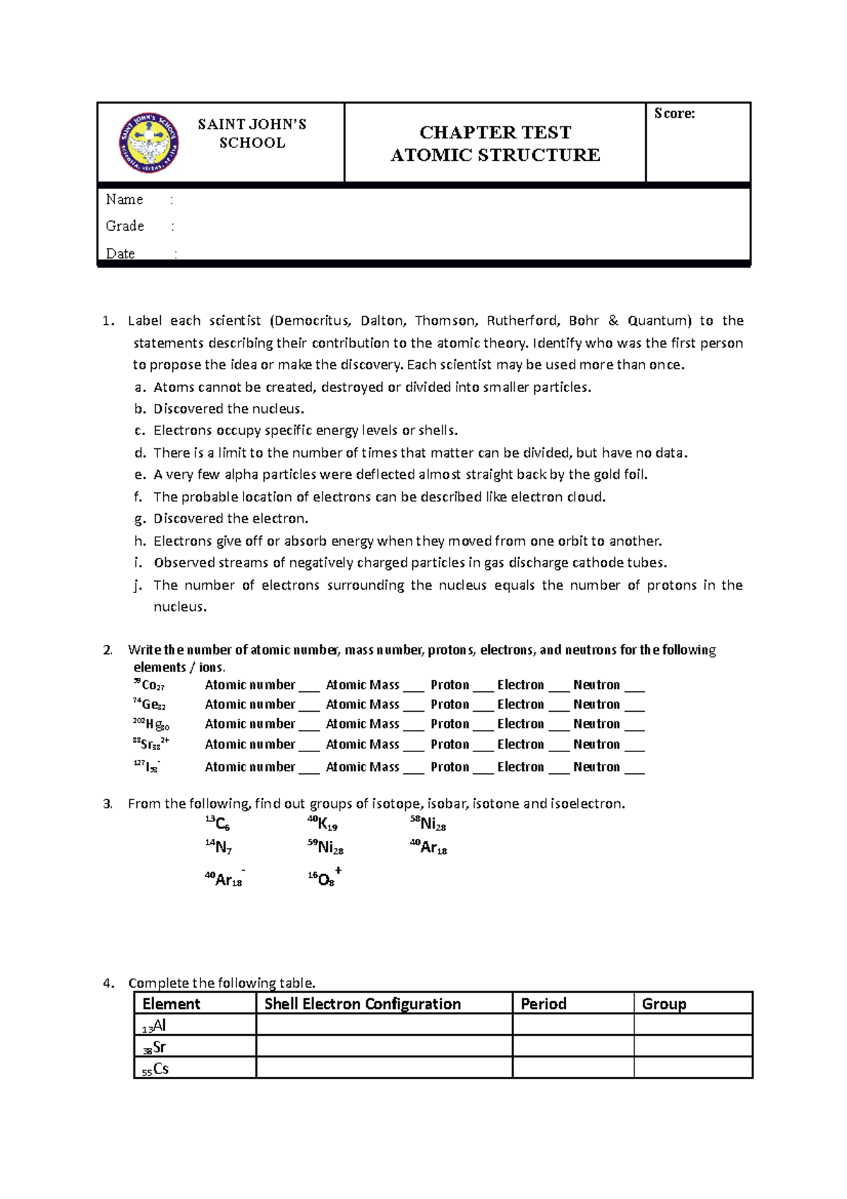 Chapter Test - Atomic Structure - SAINT JOHN’S SCHOOL CHAPTER TEST ...