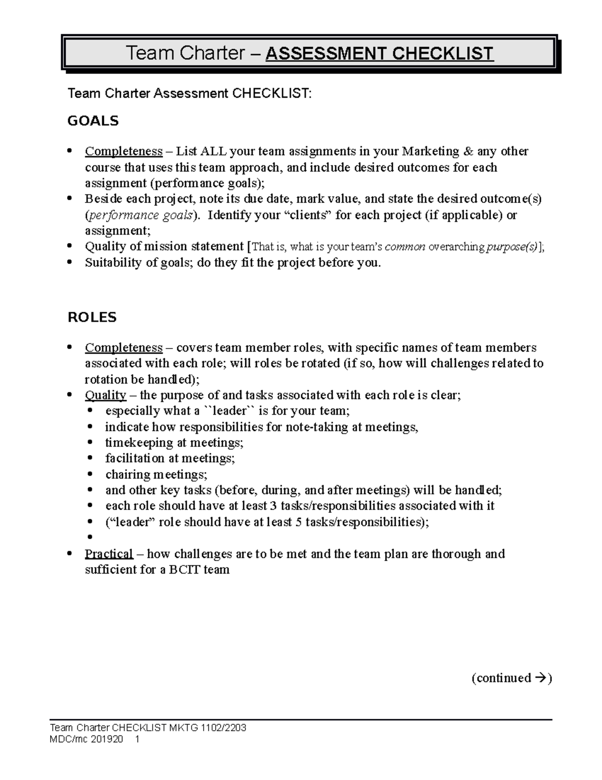 Team Charter Checklist - MKTG 1102 - BCIT - Studocu