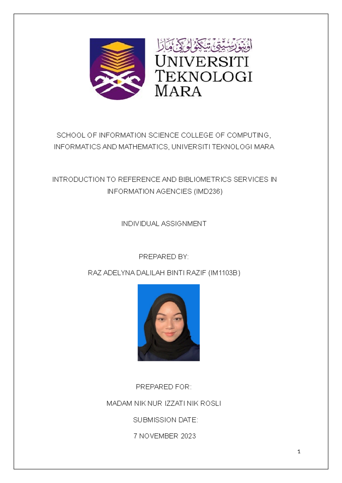 IMD236 Individual Assignment - SCHOOL OF INFORMATION SCIENCE COLLEGE OF ...