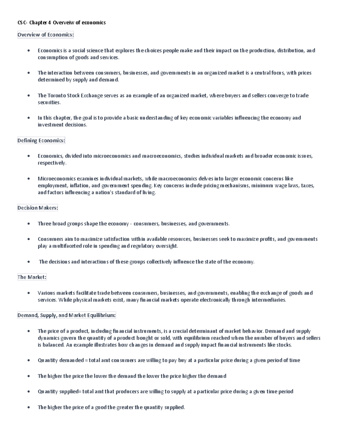 CSC ch 4 notes - CSC- Chapter 4 Overveiw of economics Overview of ...