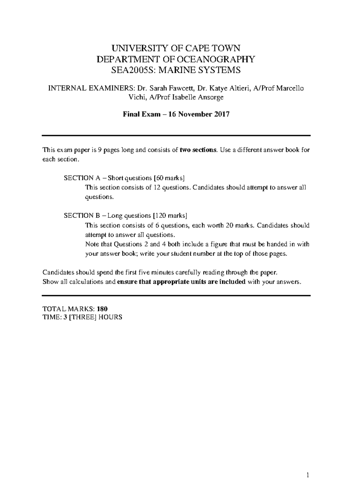 SEA2005S: MARINE SYSTEMS 2017. A past exam paper - MAT1DB2 - UJ - Studocu