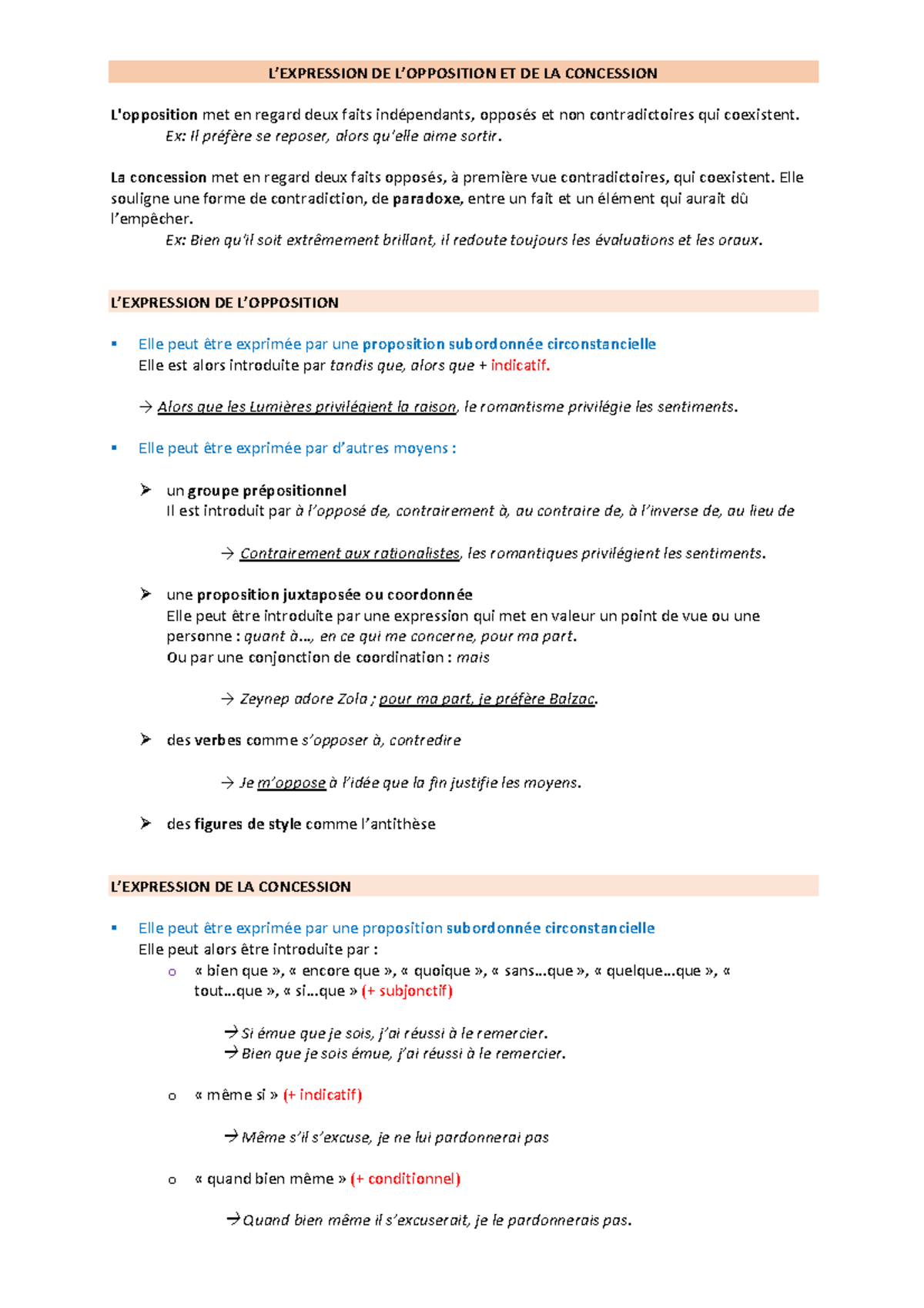 Cours opposition et concession - L’EXPRESSION DE L’OPPOSITION ET DE LA ...