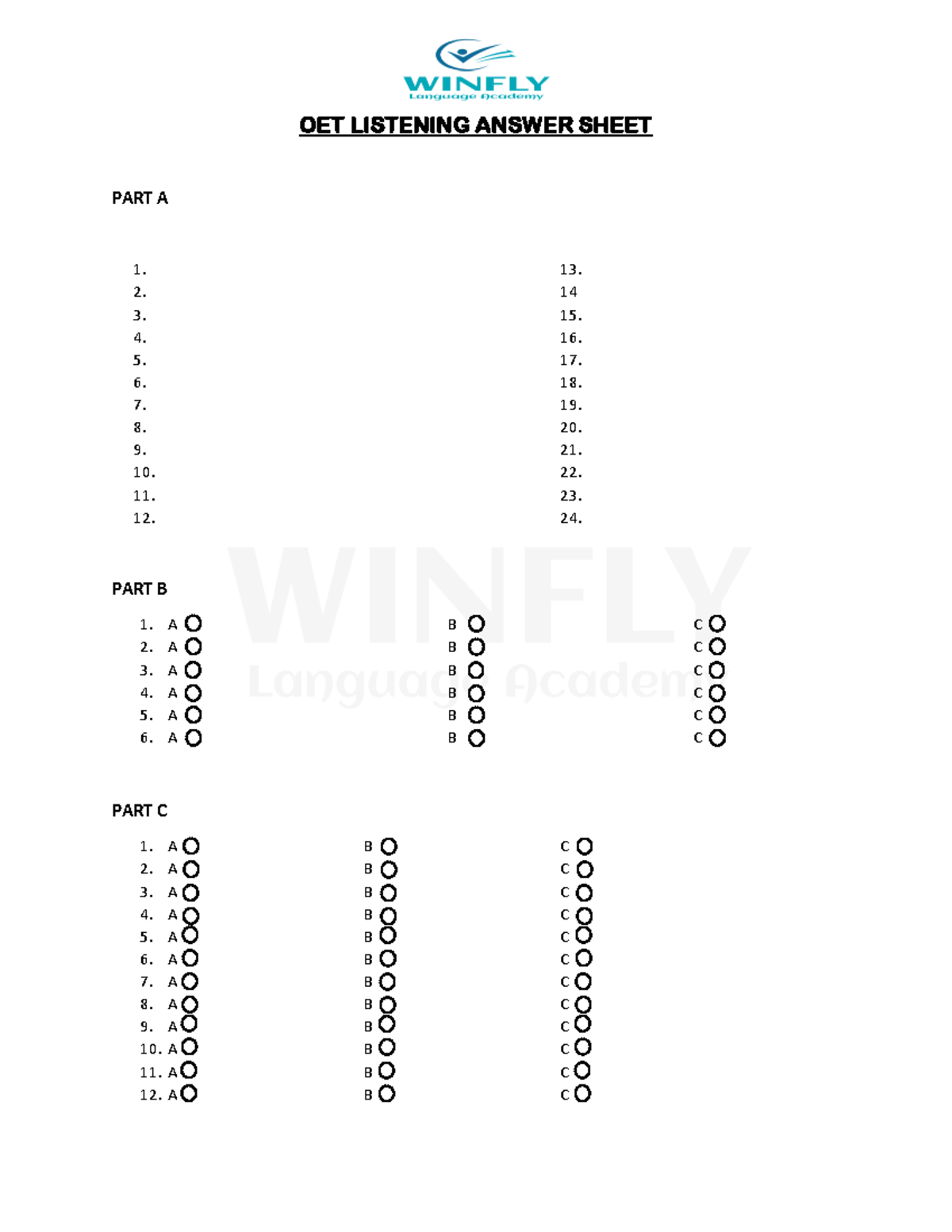 OET Listening Answer Sheet PDF OET LISTENING ANSWER SHEET PART A 1
