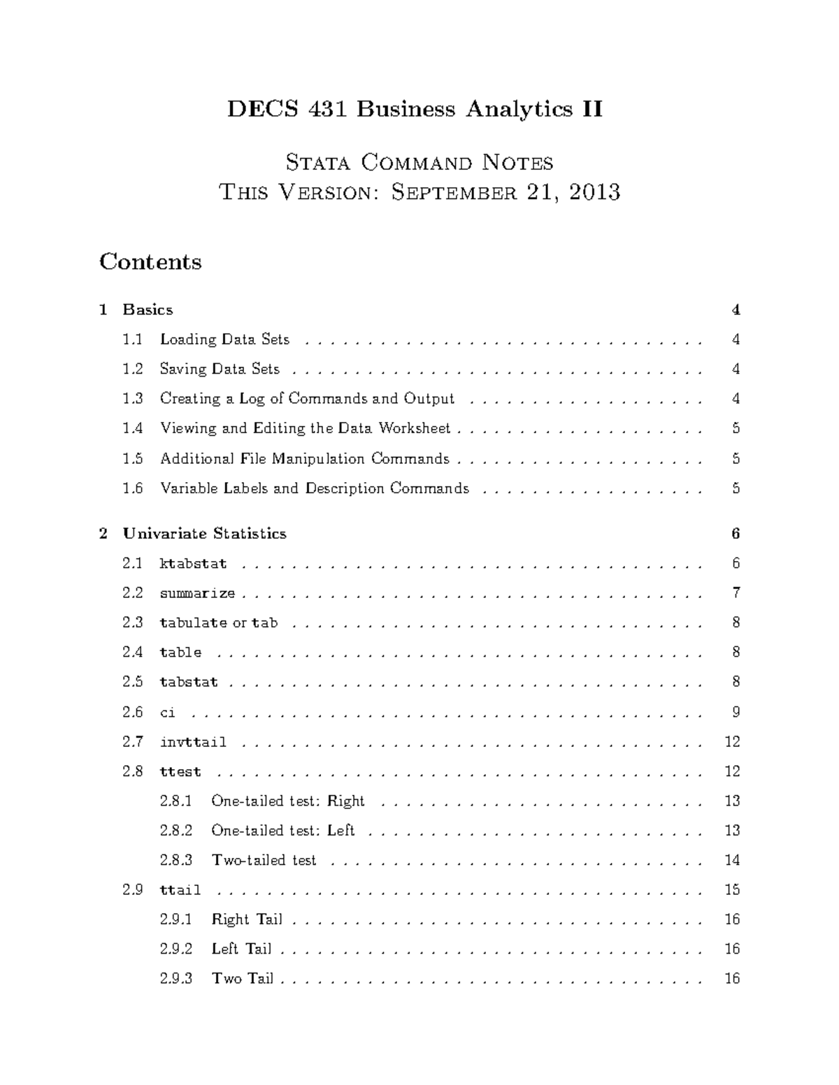 Stata command notes DECS 431 - DECS 431 Business Analytics II Stata ...