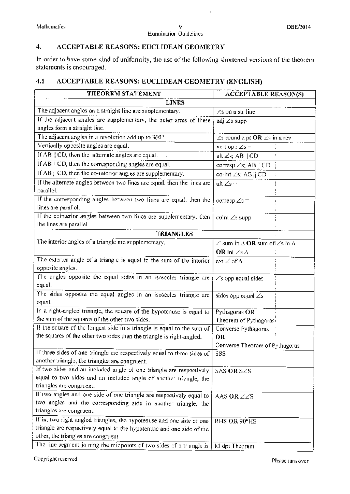 Acceptable Euclidean Geometry Reasons FET phase - Mathematics 9 ...