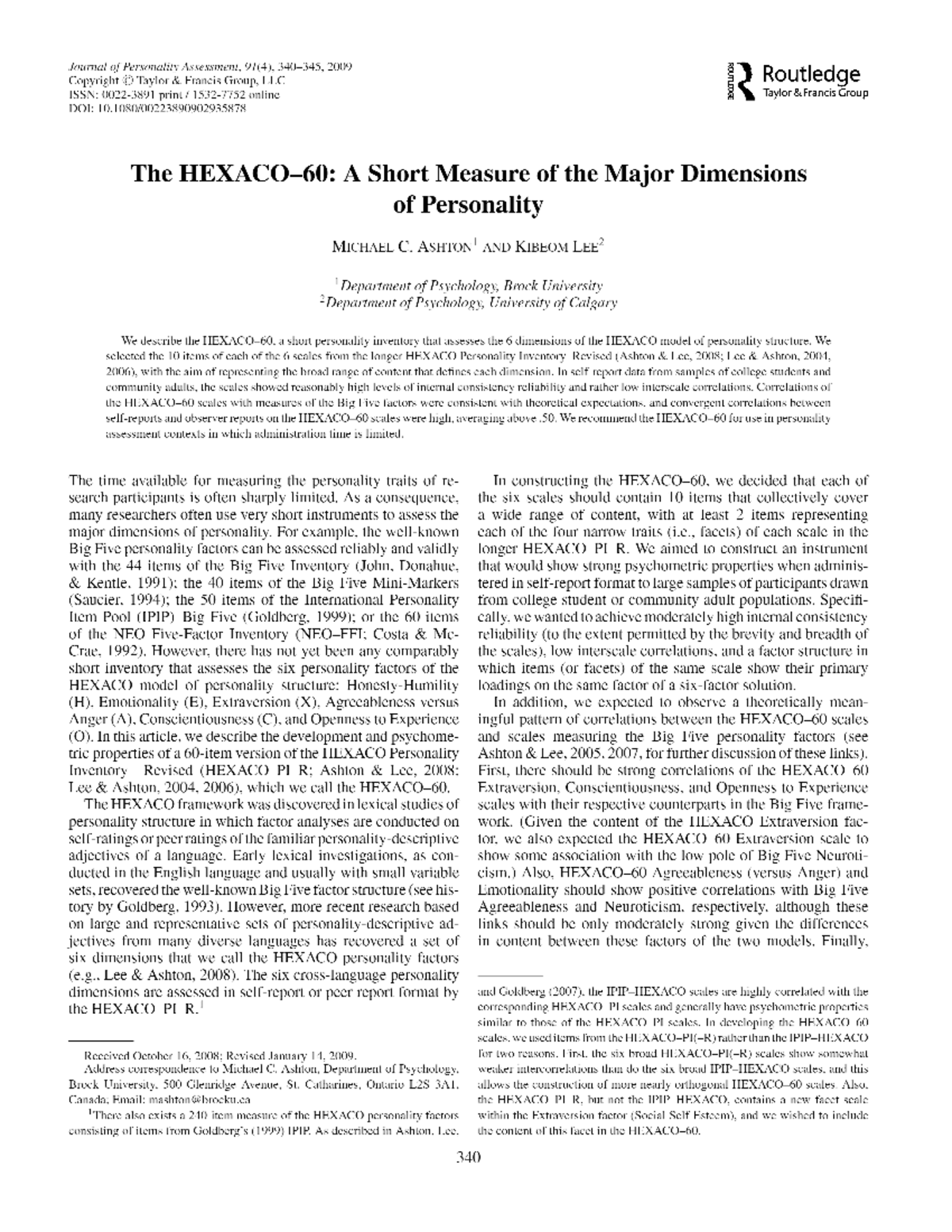 The Hexaco–60 A Short Measure of the Major Dimensions of Personality ...