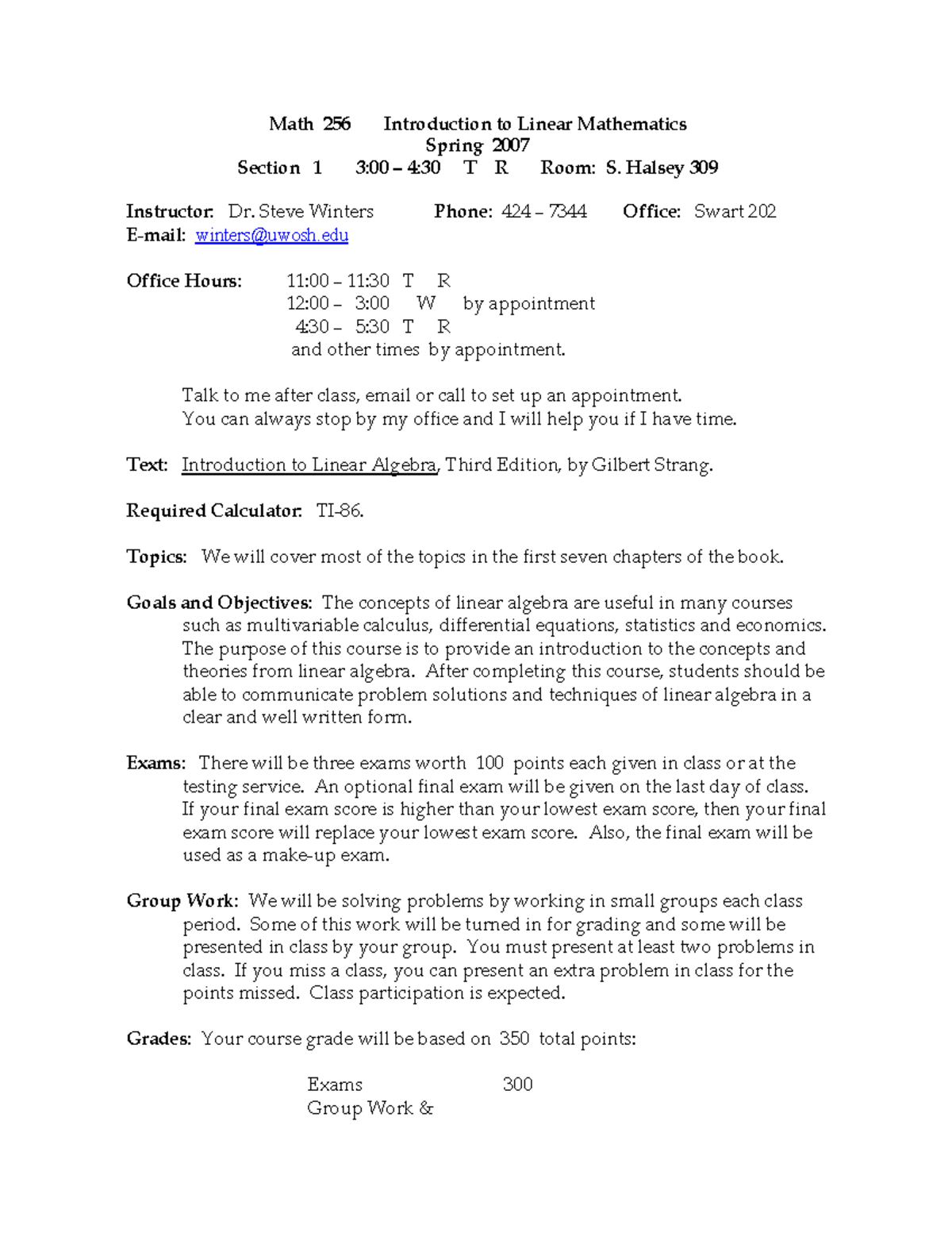 015666191 - Linear Algebra - Math 256 Introduction to Linear ... 015666191 - Linear Algebra - Math 256 Introduction to Linear ...